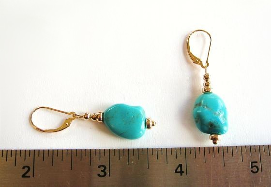 Genuine Sleeping Beauty Turquoise Nugget Solid 14kt Gold Pierced ...