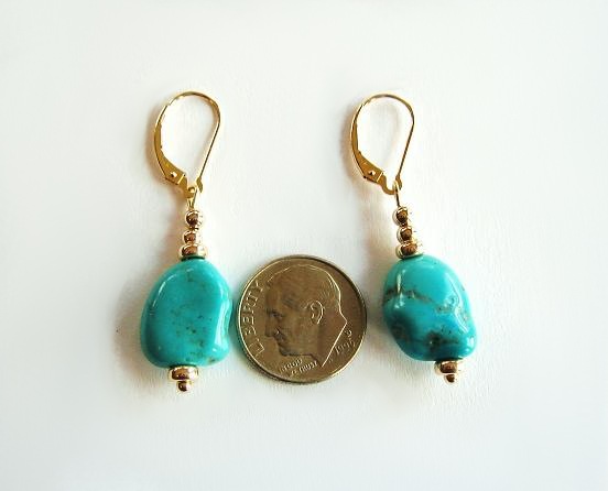 Genuine Sleeping Beauty Turquoise Nugget Solid 14kt Gold Pierced ...